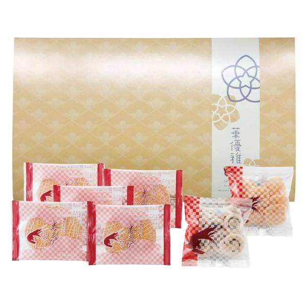●箱サイズ:15.8×26.7×4cm●箱入重量:0.1kg●セット内容:赤えびせんべい（1枚）×5、えびせん（うず巻・えび松風）（各10g）×各1●賞味期限:常温1年●アレルゲン:小麦・えび