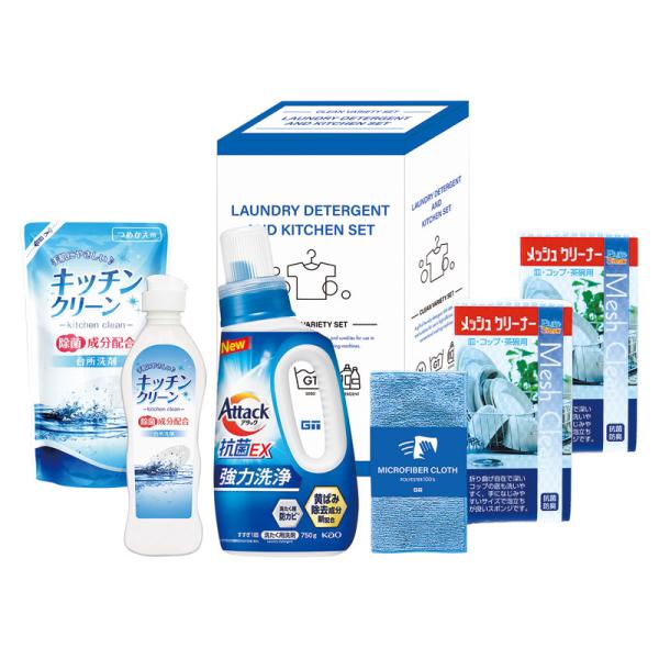 ●箱サイズ:10.5×15.7×28.3cm●箱入重量:1.4kg●材質:マイクロファイバークロス:ポリエステル80%・ナイロン20%●セット内容:メッシュクリーナー（中国）×2、花王アタック抗菌EX本体（750g）・キッチンクリーン（25...