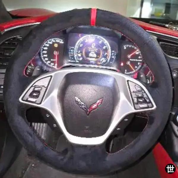 コルベット C7 2014 2015 2016 用、手縫い滑り止めブラックスエードレザー製カーステアリングホイールカバー