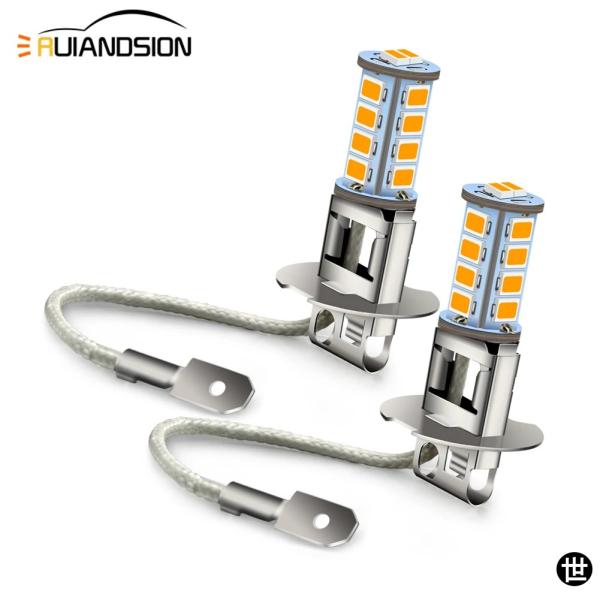 2X H1 LED DRL ヘッドライトバルブ H3 LED 車 バイク ヘッド フォグライト デイタイムランニングライト プラグアンドプレイ 3030 18SMD 12V ホワイト イエロー