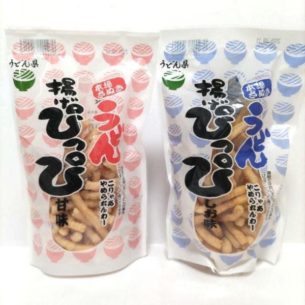 数ある商品の中からご覧いただきありがとうございます。うどん県 揚げぴっぴ (甘味・塩味) 2袋セット　です。「ぴっぴ」とは香川県で子ども向けに使われる方言でうどんのことを言います。ぴっぴを揚げたお菓子です。香川県特産の美味しいスナック、揚げ...