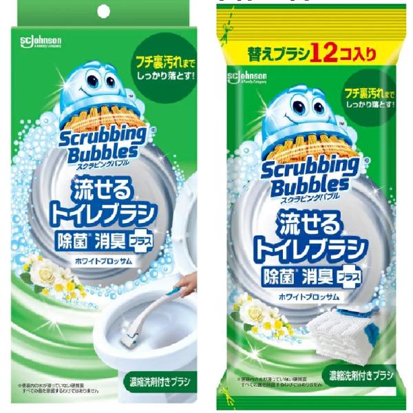 スクラビングバブル 流せるトイレブラシ 本体 予備 セット  ホワイトブロッサム<br/><br/>便器内の掃除はこれ一本、汚れたブラシはそのまま流せる濃縮洗剤付きトイレブラシ。<br/>●除菌消臭効果を...
