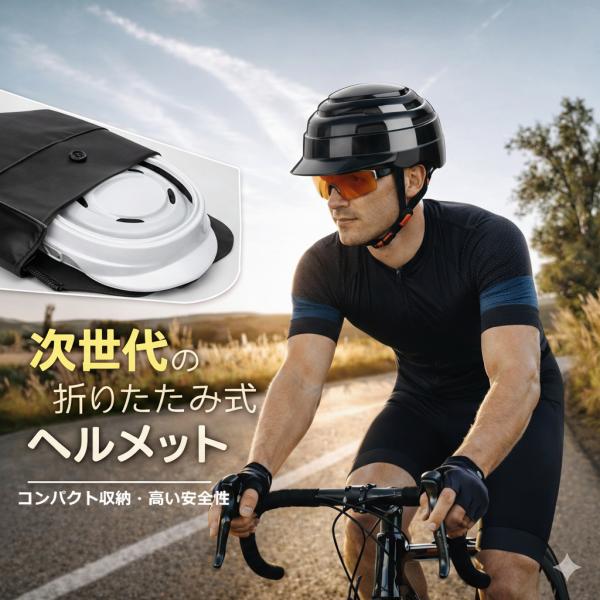 【主な特徴】折りたたみ式自転車用ヘルメット。リュックや大きめのトートバッグに収納できちゃうので、持ち運びが簡単で毎日の通勤にも邪魔になりません。<br>【便利な折りたたみ式ヘルメット】 展開時の高さは約13cm、折り畳み時は約8...