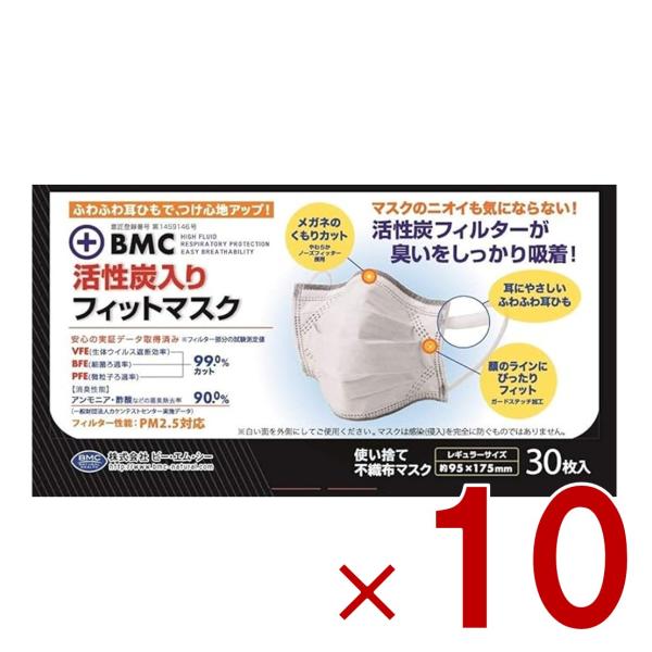 商品名BMC 活性炭入りフィットマスク 製造販売会社 ビー・エム・シーご使用について 【装着方法】 (1)マスクを顔に当てて、ノーズワイヤーを鼻のカーブに合わせます。 (2)マスクを顔にフィットさせながら耳にヒモをかけます。 (3)顔の大き...