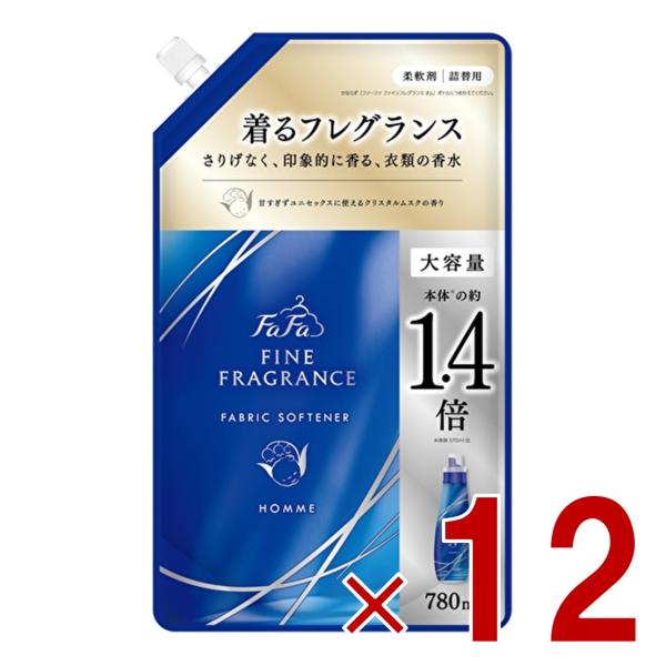 商品名：ファーファ ファインフレグランス オム 780ｍｌ 詰替内容量：780mlブランド：ファーファ原産国：日本洗練されたクリスタルムスクの香りの柔軟剤です。男性/ユニセックスタイプの香りを意識しました。ダージリンティーとベルガモット、透...