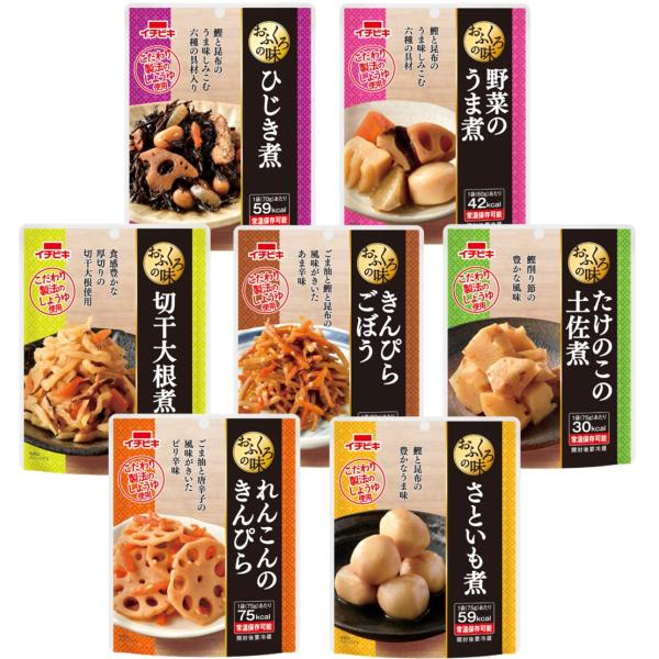 イチビキ おふくろの味 7種(たけのこ土佐煮、ひじき煮、れんこんのきんぴら、野菜のうま煮、さといも煮、切干大根煮、きんぴらごぼう) アソート セット となります。買い置きに便利な常温保存可能な惣菜セットです。日々の食卓やお弁当の一品に、非常...