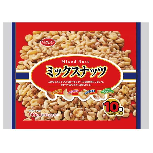 アーモンド、カシューナッツ、ジャイアントコーン、ピーナッツをバランスよくミックスした、手軽に楽しめるスナックです。25gの個包装が10袋入っており、持ち運びにも便利で、いつでもどこでも新鮮な美味しさをお楽しみいただけます。特徴個包装で便利:...