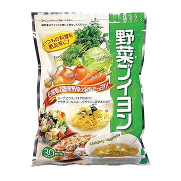 ■国産野菜6種（タマネギ、キャベツ、ジャガイモ、ニンジン、ブロッコリー、セロリ）のうま味たっぷりの粉末野菜ブイヨン。■化学調味料、動物性原料不使用【ご使用方法】お料理のベースとなるブイヨン（1包で3〜5人前）は、約700mlの沸騰したお湯に...