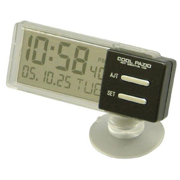 大画面の透過液晶時計●シックなブラックカラー。●夜間も見やすい大画面透過液晶時計。●ボールジョイントと角度調整ネジで、上下左右見やすい角度に調整が可能。●時刻(時・分・秒)と日付(年・月・日・曜日)を同時に表示可能。●両面テープによるダッシ...