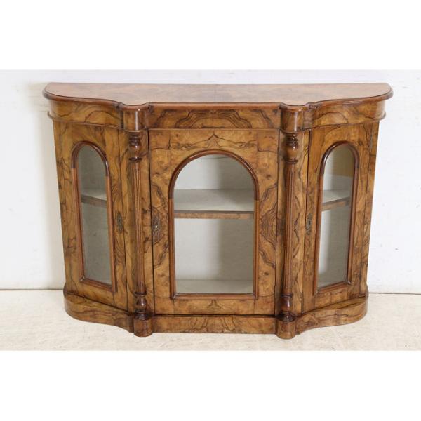 1890年代イギリス製アンティーク ビクトリアン ウォルナット クレデンツァ ショップショーケース キャビネット 飾り棚 教会家具 送料無料
