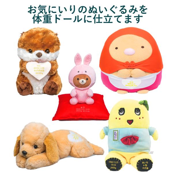 大切にしているぬいぐるみ、大好きなぬいぐるみを送ってください。あなたが生まれたときと同じ体重の重りを入れて、体重ドールに仕上げます。生年月日や、お名前などの刺繍をお入れします。結婚式、披露宴での親ギフトにピッタリ。産まれたときの感動と、お気...