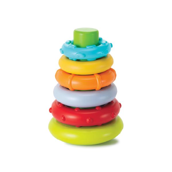 5つのリングを重ねる、赤ちゃんから使えるおもちゃです。