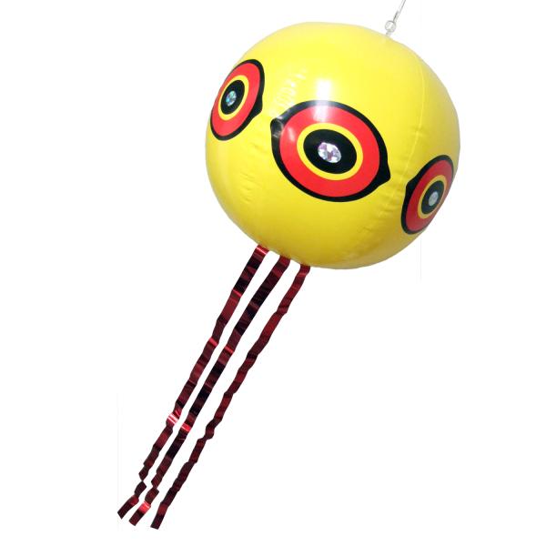 【特徴】・６つの「大きな目玉」とホログラムの乱反射」で害鳥を威嚇します。・サルカン（回転具）付で微風でもクルクル回転し目玉の光りが四方八方へ乱反射します。・３本の赤銀テープでキラキラ威嚇効果アップ。【仕様】サイズ：直径約40ｃｍ（使用時）付...