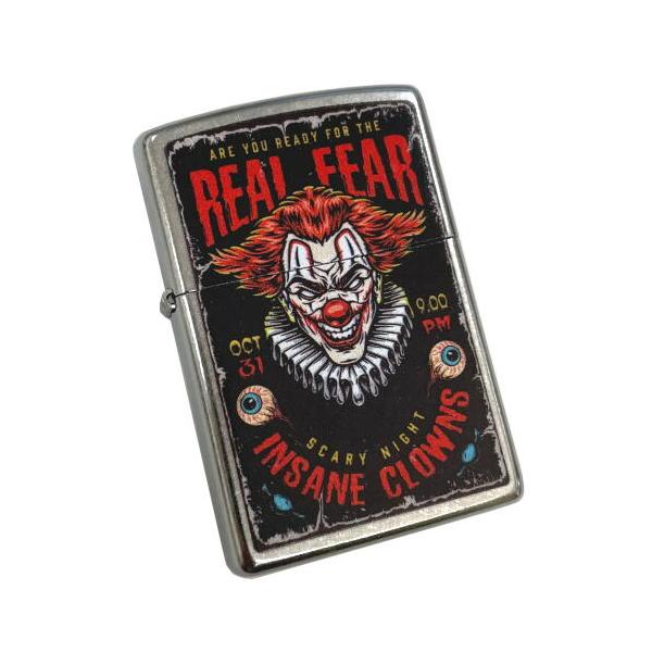 【メール便250円対応】約(縦)57×(横)38×(厚)13mm　レギュラーサイズ裏面無地 ストリートクローム仕上げ「Zippo（ジッポー） INSANE CLOWNS（インセイン・クラウンズ） オールドポスター風」というデザインのオイルラ...