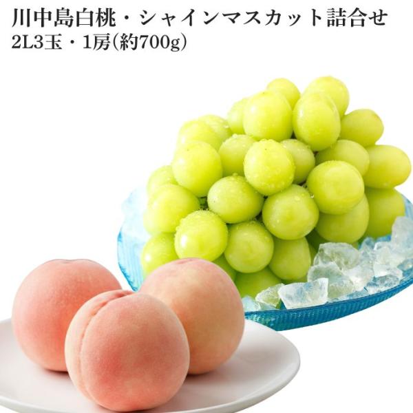 商品内容：岡山県産 川中島白桃 2L〜3Lサイズ超特級 3玉入 1玉約335〜400g・シャインマスカット1房（約700g)賞味期限：繊細なため、涼しいところに保管していただき、熟れた順番にお早めにお召し上がりください。≪桃はお届け日のご指...