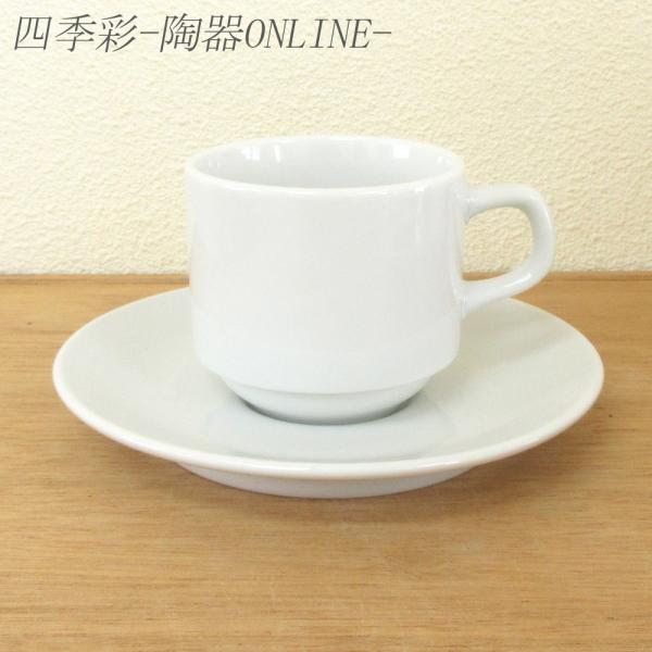 スタッキング、積み重ね可能な白いコーヒーカップソーサーサイズ：カップ：L9.8×D7.4×Ｈ6.8cm/約170cc（満水）重さ170g　　　　ソーサー：W14.8×H2cm 重さ190g材　質：磁器製造国：日本製（美濃焼）※電子レンジ 食...