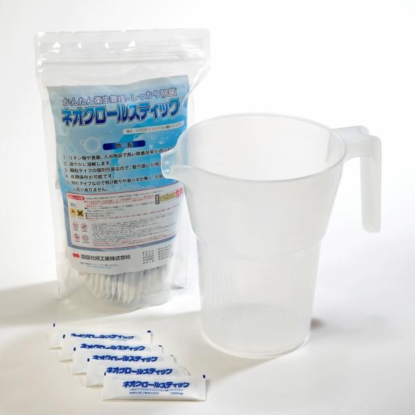 【製品仕様】・液性：中性(pH6.0-8.0)・原料：ジクロロイソシアヌル酸ナトリウム・内容量：1.6g×100包＋専用希釈容器・反応式：ジクロロイソシアヌル酸ナトリウム＋水→イソシアヌル酸ナトリウム＋次亜塩素酸・用途：拭き掃除(ドアノブ・...