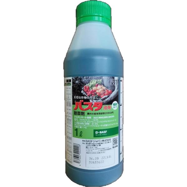 バスタ液剤 1L 除草剤有効成分: グルホシネート - 18.5%登録番号: 第20958号性状: 青緑色澄明水溶性液体毒性: 普通物