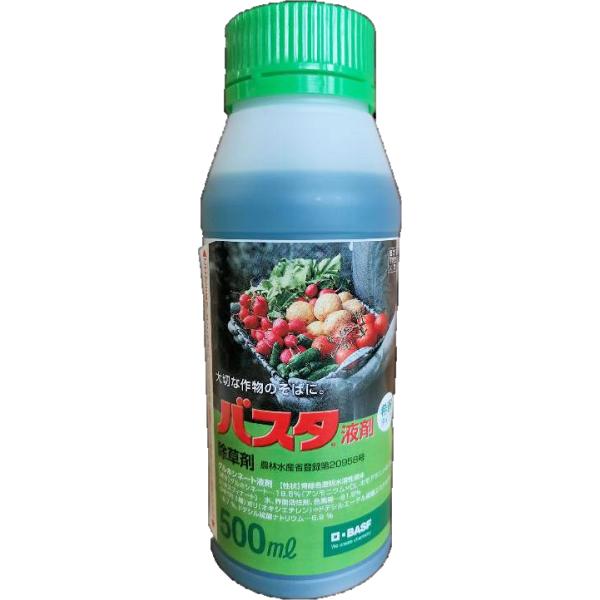 バスタ液剤 500ml 除草剤有効成分: グルホシネート - 18.5%登録番号: 第20958号性状: 青緑色澄明水溶性液体毒性: 普通物