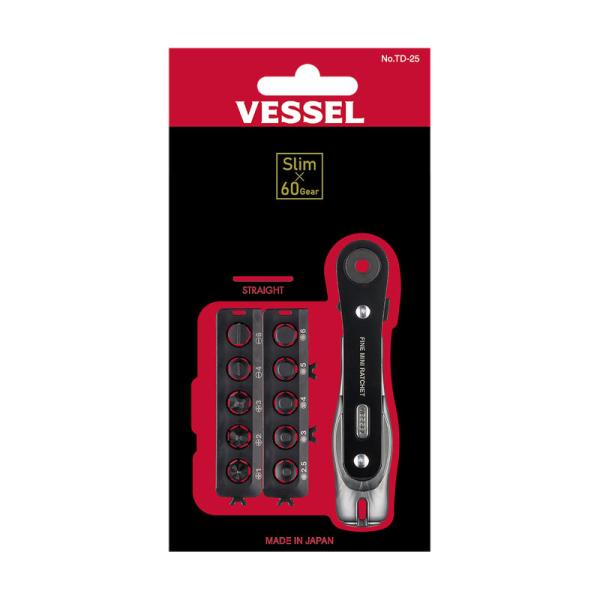 高精度×高耐久ミニラチェット●ギア60歯　わずかな振り6°でしっかり回せる。●極薄20mm　狭い隙間作業にもしっかり使える。●ストレートタイプ。●使いやすさを高める極短ビット。VESSEL(ベッセル) No.TD-25 ファインミニラチェッ...