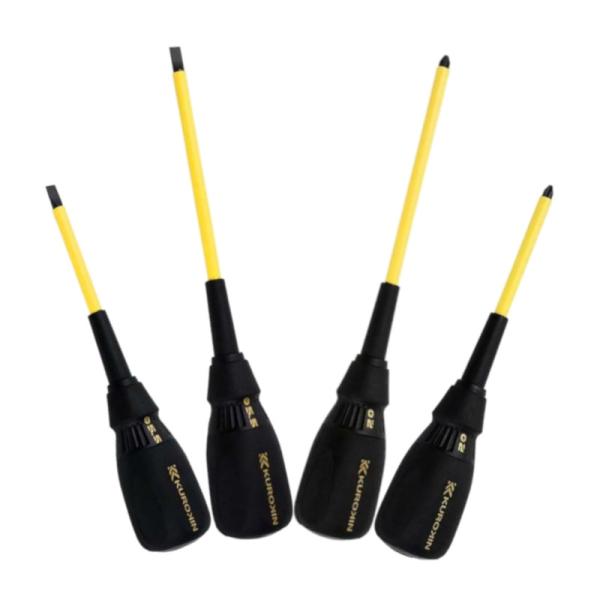 用途●絶縁性に優れた樹脂製軸カバーでショートを防止。●配電盤や分電盤の取り付けなど電気工事に最適です【黒金4点セット】 フジ矢 524D-BG 電工ドライバー (+)2×100・526D-BG(+)2.0x150・554D-BG(-)5.5...