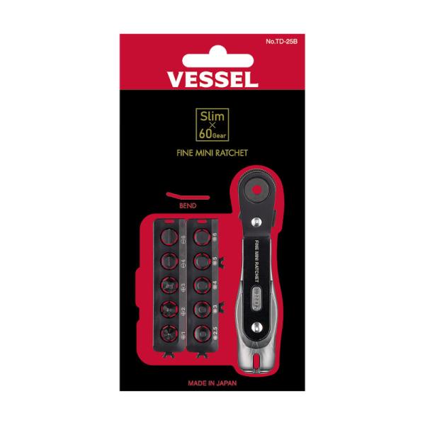 高精度×高耐久ミニラチェット●ギア60歯　わずかな振り6°でしっかり回せる。●極薄20mm　狭い隙間作業にもしっかり使える。●ベンドタイプ。●使いやすさを高める極短ビット。VESSEL(ベッセル) No.TD-25B ファインミニラチェット...