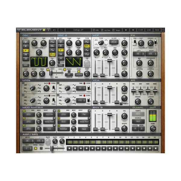 高解像度のオシレータおよびアナログ・エンベロープをモデリング。    遅延0のフィードバックを持つフィルターセクション。    Element 1と2のモードを素早く切り替え可能。    16ステップ・アルペジエイター/シーケンサーにHol...