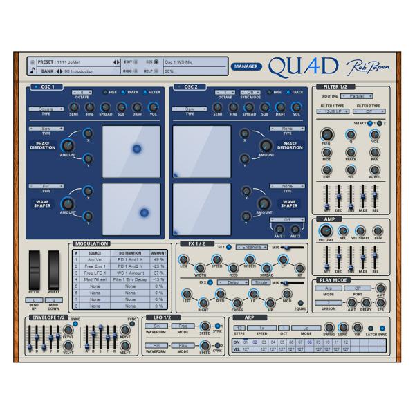 QUADは、膨大なモジュレーションと4つのXYパッドを備えた表現力豊かなシンセサイザーです。もともとはReasonのために開発された2オシレーターのシンセサイザーが、満を持して、VST/AU/AAX版として新登場しました。各オシレーターに搭...