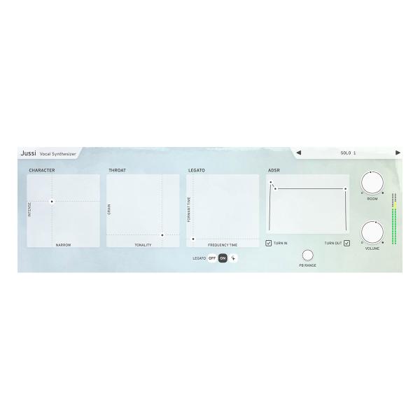 ・「TURN IN」および「TURN OUT」オプションを備えたADSR（ターンインおよびターンアウトはピッチに影響を与え、アタックおよびリリースにマップ）音声キャラクターXYパッド（強度および狭さ）・レガート・モード (ノートとベロシティ...