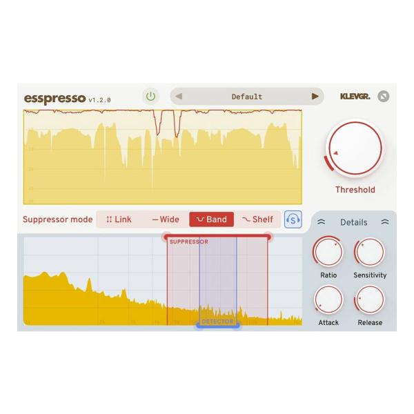 ・視認性の高いRMSリダクション・ヴィジュアルRMS検出・センシティブ・ゲインの検出・検出シグナルのソロ・スイッチ・直感的でユニークなユーザー・インターフェース・【v1.2】 4つのサプレッサー・モード（リンク、ワイド、シェルフ、バンド）・...