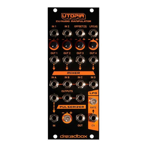 Utopia（ユートピア）は、CV / オーディオ信号のミックスやアッテネートなど、あらゆる処理を行うプロセッサー・モジュールです。パネル上部には4つのアッテヌバーターが用意されており、3番目と4番目の入力にはそれぞれ、オフセット・ジェネレ...