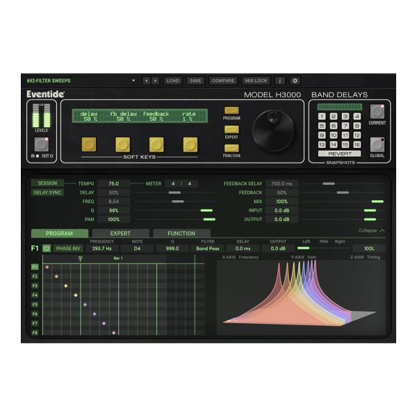 ・100を超えるプリセット・自動パンニングディレイ、サウンドスケープ・ディレイの位置や周波数特性の形を表示するディスプレイ・アサイン可能な Soft Keys ボタン・19種の波形を持つファンクションジェネレータ・サイドチェインやノイズゲー...