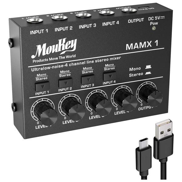 ステレオ4chインプット、ステレオ1chアウトプット小型ラインミキサー各チャンネルにはステレオ/モノラル切り替えスイッチが搭載されており、各チャンネル、アウトプットのボリュームはすべて独立しております。シンセサイザーが複数台あるときの手元の...