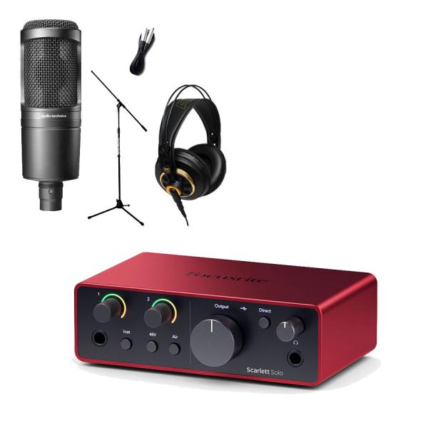 セット内容・Focusrite Scarlett solo (4th Gen) オーディオインターフェース ×1・AKG K240 Studio-Y3 モニターヘッドホン ×1・audio-technica AT2020 コンデンサーマイク...