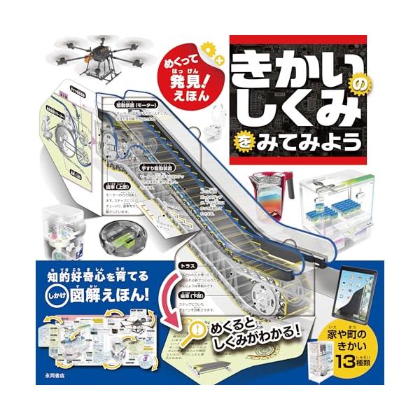 「商品情報」窓あけしかけ絵本「めくって発見！　えほん」シリーズの“きかいのしくみ”編。子どもたちが、ふだん家や町で目にする機械や道具の中がどのようになっているかを、窓あけのしかけで見ることができます。誌面に描かれた機械や道具の窓部分を開くと...