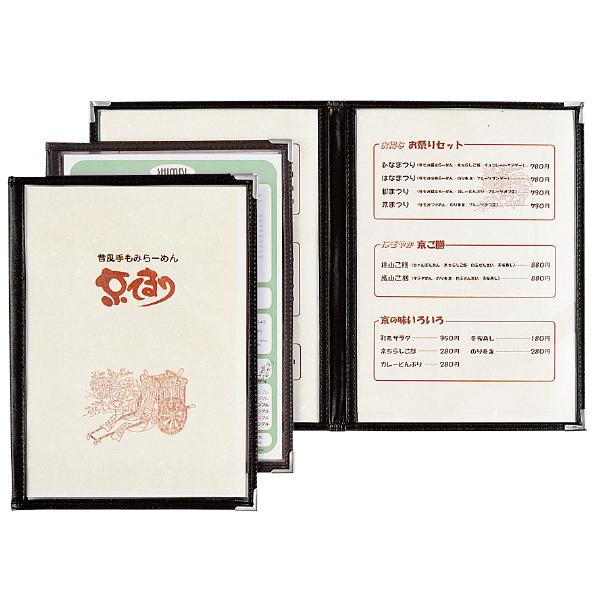 規　格：B5対応仕　様：4ページ仕様サイズ：W200×H270mm材　質：フレーム／PUレザー　　　　クリア部分／耐熱PET　　　　コーナー金具／ステンレスカラー：茶・黒検索ワード　メニューブック　B5　カフェ　　　　　　レストラン　居酒屋...