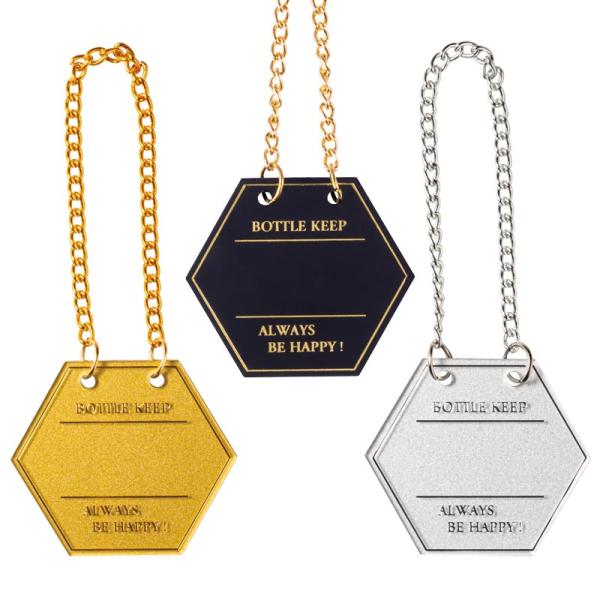 サイズ：W38×H45mm／厚さ2mm重　量：50g材　質：本体／硬質PVC（ロゴマーク箔押）　　　　チェーン／アルミカラー：ブラック・ゴールド・シルバー入　数：10枚検索ワード　ボトルネーム　ボトルタグ　　　　　　ボトルネックレス　ボトル...