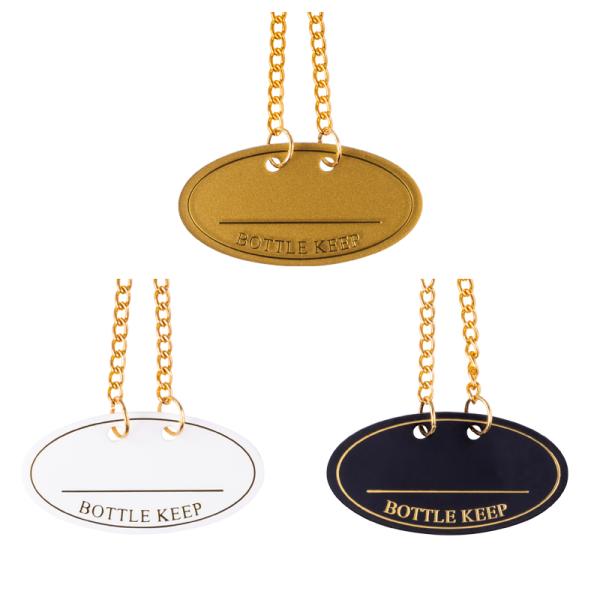サイズ：W55×H28mm重　量：40g材　質：本体／硬質PVC（ロゴマーク箔押）　　　　チェーン／アルミカラー：黒・白・金入　数：10枚検索ワード　ボトルネーム　ボトルタグ　　　　　　ボトルネックレス　ボトル札　　　　　　ボトルキープ　タ...