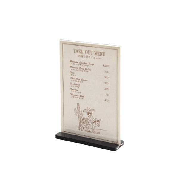 規　格：ハガキサイズサイズ：W100×H155mmカラー：ベース台／黒　　　　スタンド部分／透明材　質：アクリル製検索ワード　スライドメニュースタンド　　　　　　メニュー　お品書き　品書き　　　　　　おしながき　卓上メニュー　　　　　　居酒...