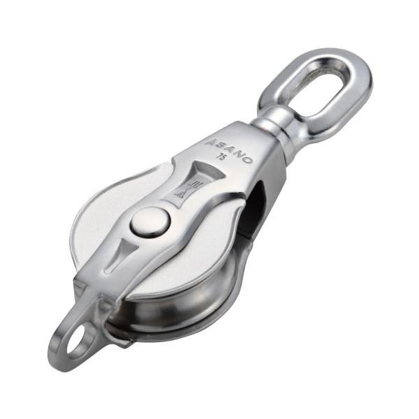 ・ステンレス滑車(ブロック)・オーフ型。・止めねじの固定によりナットの緩み防止。・ベケット穴径を拡大。・車径 : 75 mm・種類 : 1車・ロープ最大径 : 16 mm ・使用荷重　: 500 kg・メーカー : 浅野金属工業(株)・メー...