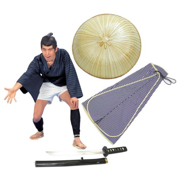 【セット内容】（あっしは渡世人内容）カツラ・脚絆・帯・パッチ・着物：着丈１２１cmバスト１１８ｃｍ袖丈４８ｃｍ裄丈７３ｃｍ1，道中合羽：丈約８７ｃｍ2，三度笠：４７ｃｍ×１２ｃｍ3，頭台4，舞踊刀：全長５３ｃｍ鍔下３３ｃｍ重さ１９０ｇ5，わ...