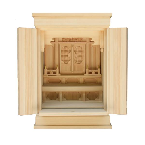 神徒壇（祖霊舎・御霊舎）25号　主材料：土佐ひのき　副材料：ひのき突板合板　高さ76×幅52×奥行54.5cm神具付（御神鏡１個、サカキ立て２本、平子ミキ２個、水玉１個、カワラケ（皿）２枚、かがり火１対、八足小１個、三宝３個）●同サイズで神...