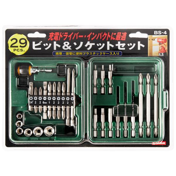 【商品概要】用途:充電ドライバー・インパクトドライバーに最適なビット・ソケットセット 29ピース仕様:携帯・保管に便利なプラスティックケース入り材質(六角軸鉄工ドリル):ハイス材質(ドライバービット):特殊合金工具鋼(S-2)材質(ソケット...