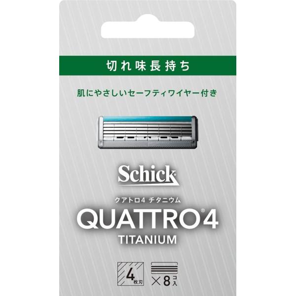 【商品概要】チタニウム＊、鋭い切れ味、長続きQUATTRO【商品説明】説明商品紹介●チタニウム＊、鋭い切れ味、長続き＊チタンコート刃 ●セーフティーワイヤー付きチタンコート４枚刃。 ●ホホバオイルアロエビタミンＥ配合のスムーザーが、刃のすべ...