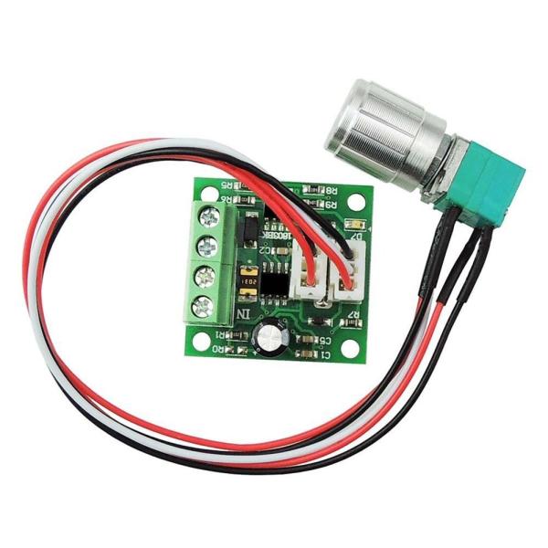 アイテムのサイズ：1.3x1.3x0.6インチ; 正味重量：0.5オンス・入力供給電圧：1.8V-15VDC;・最大出力電力：30W・最大連続出力電流：2A・調整可能なデューティサイクル：5％-100％;スイッチ機能付きポテンショメーター。