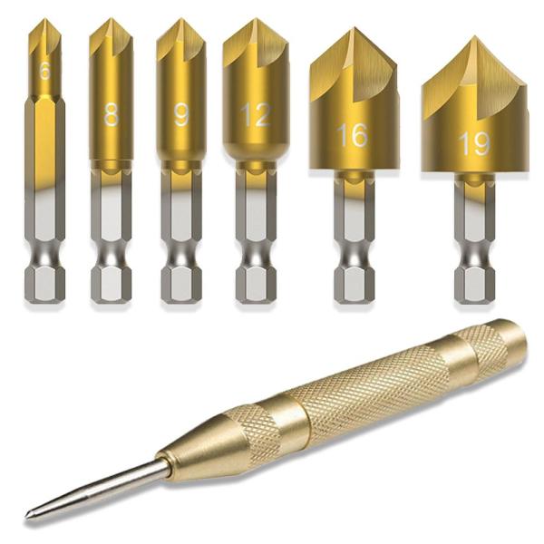 セット内容：自動センターポンチ1本＋面取りカッター6本。 面取りカッターサイズ：6mm（1/4）、8mm（5/16）、9mm（3/8）、12mm（1/2）、16mm（5/8）、19mm（3/4） 自動センターポンチ：（130mm）・面取りカ...