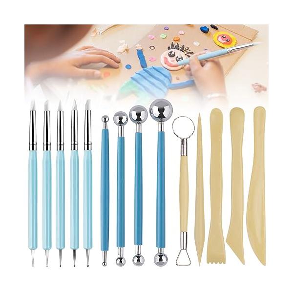セット内容：粘土彫刻ツール14本セットプラスチック粘土工具5点セット+バイメタル丸棒4点セット+双頭シリカゲルソフト頭圧痕ペン5点セットハンドルは滑らかで快適で、耐久性があり、曲がりにくいです；モデリングツールはの金属で作られ、錆びにくく、...