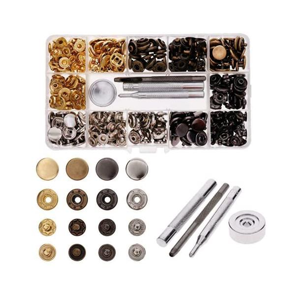 ゴールド、シルバー、ブロンズ、ガンメタル/-/HH-KASIME120・手芸、修理用カシメセット使用方法は簡単 初心者でも簡単に革製品などのハンドメイド作品にボタンを取付できます。・サイズ633／12mm用、穴あけ2.5mm用、ホック12m...