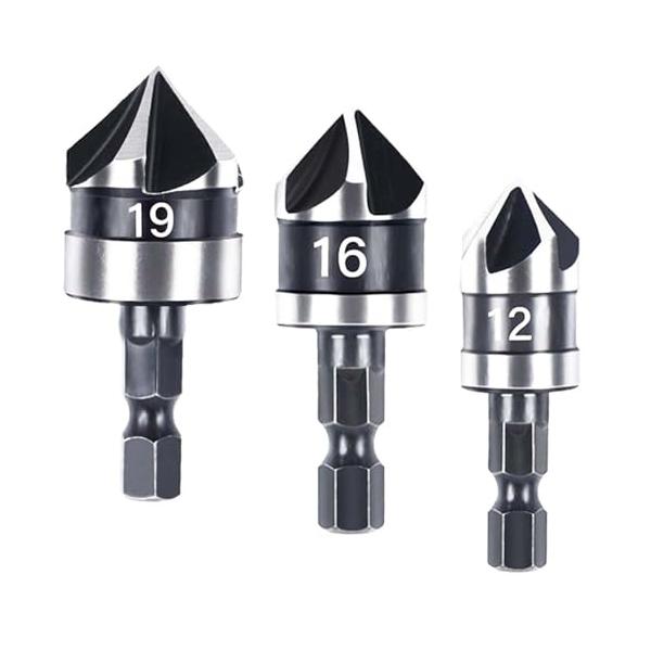 -/-/Not Applicable・サイズ：3本組面取りカッター 、6.3mm軸径 、3サイズ（12mm、16mm、19mm）、すべて1/4 六角クイックチェンジロッド付き、角度：90度。・理想的な面取りカッター：素材に適用する、鉄板、断...