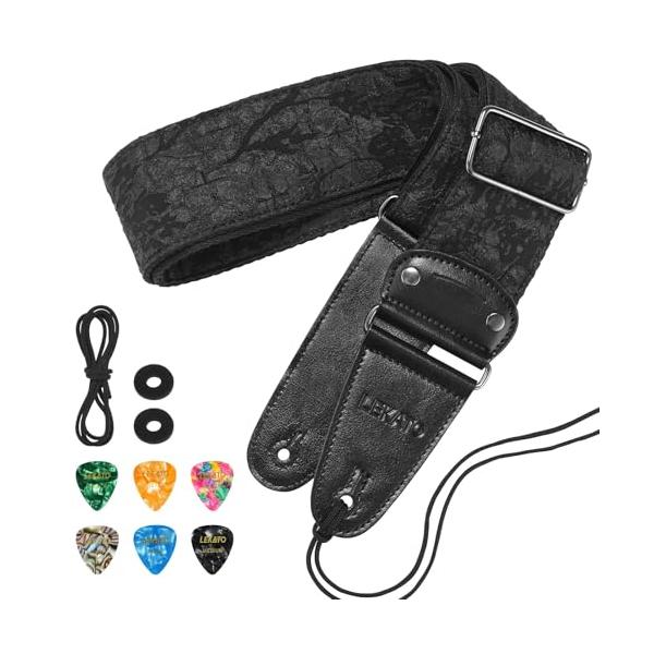 クラシックブラック　/-/-・高品質ファビック高品質の生地 - LEKATOのギター・ストラップは最高級のコットンで作られており、耐久性に優れ、あらゆるミュージシャンのニーズに合わせて調節が可能です。 幅6.3cm 、長さは94cmから15...